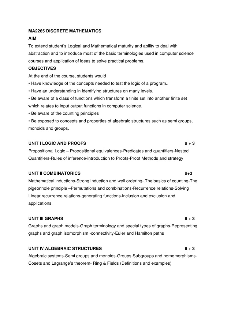 Discrete Mathematics Syllabus | PDF | Discrete Mathematics | Combinatorics