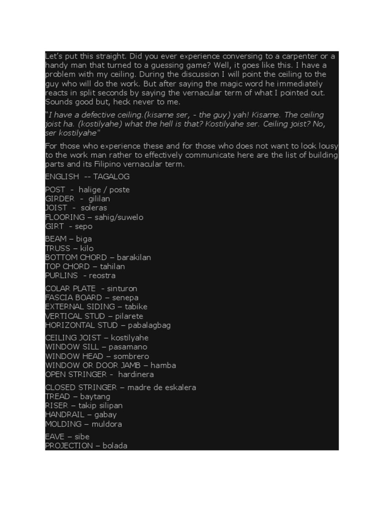 Filipino Construction Terms Explained | PDF