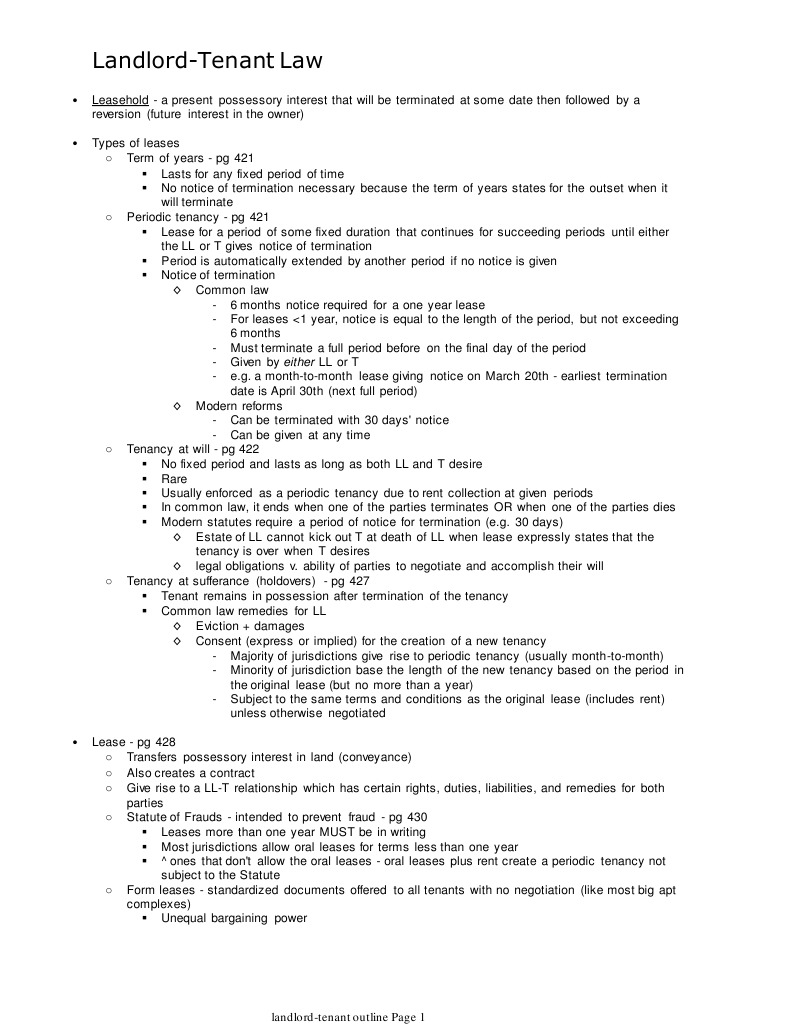 Landlord Tenant Law Outline | PDF | Leasehold Estate | Assignment (Law)