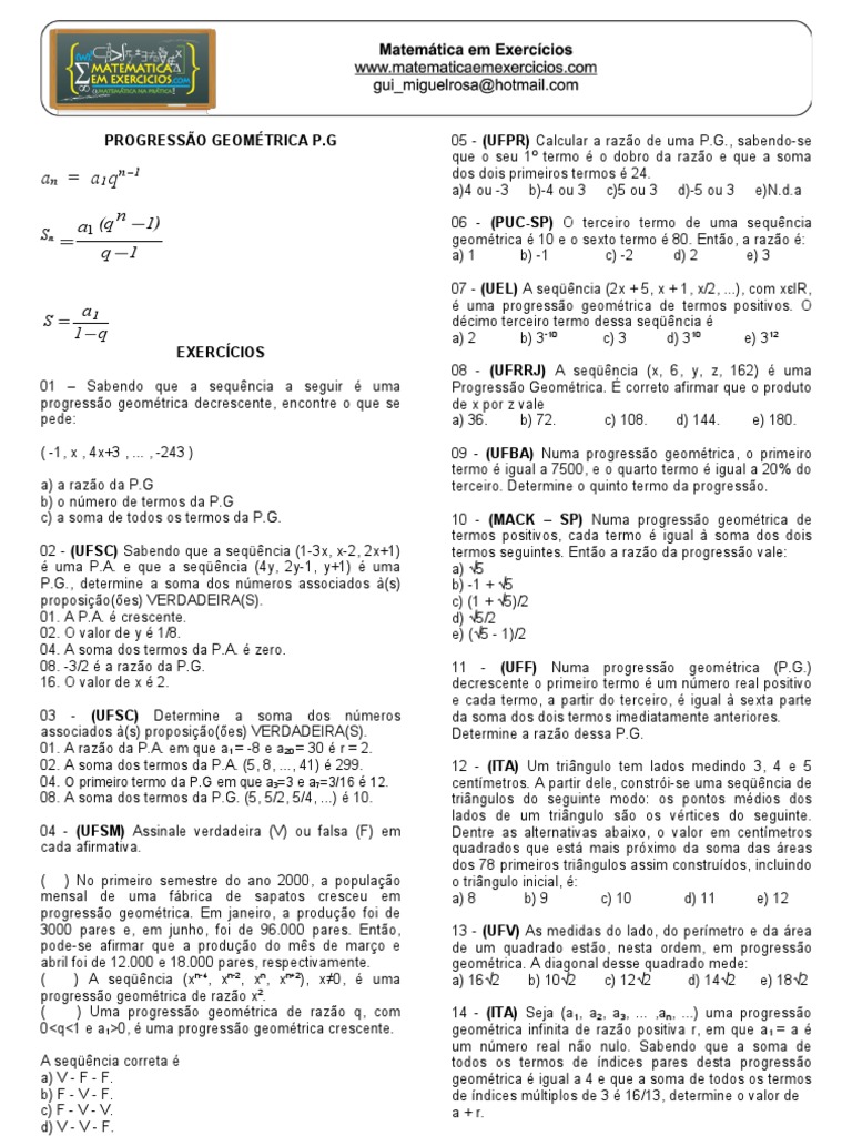 Exercícios de Progressão Geométrica e Aritmética | PDF | Sequência ...