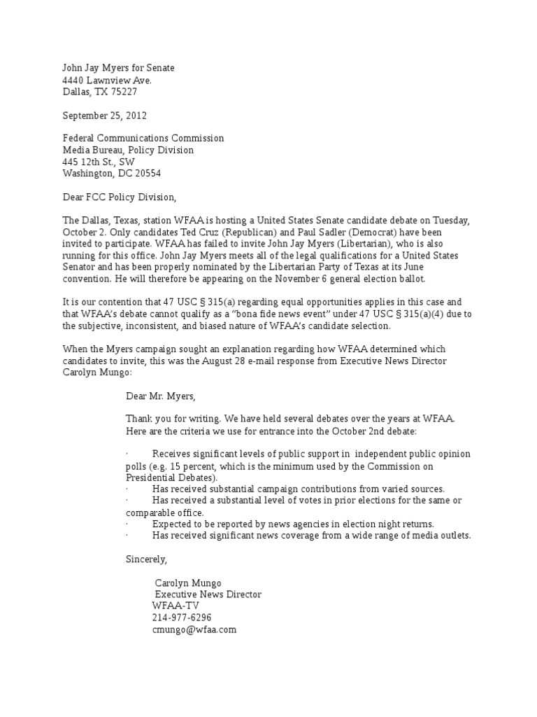 John Jay Myers Complaint Letter To The FCC | PDF