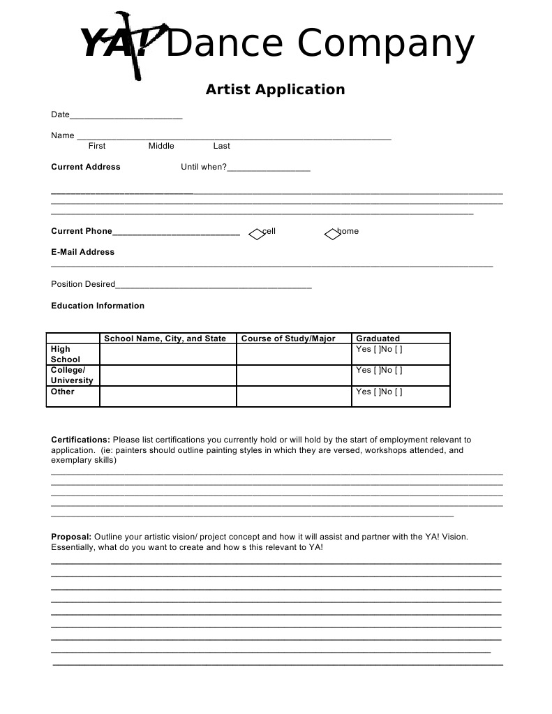 YA! Dance Company Artist Application Form | PDF | Career & Growth