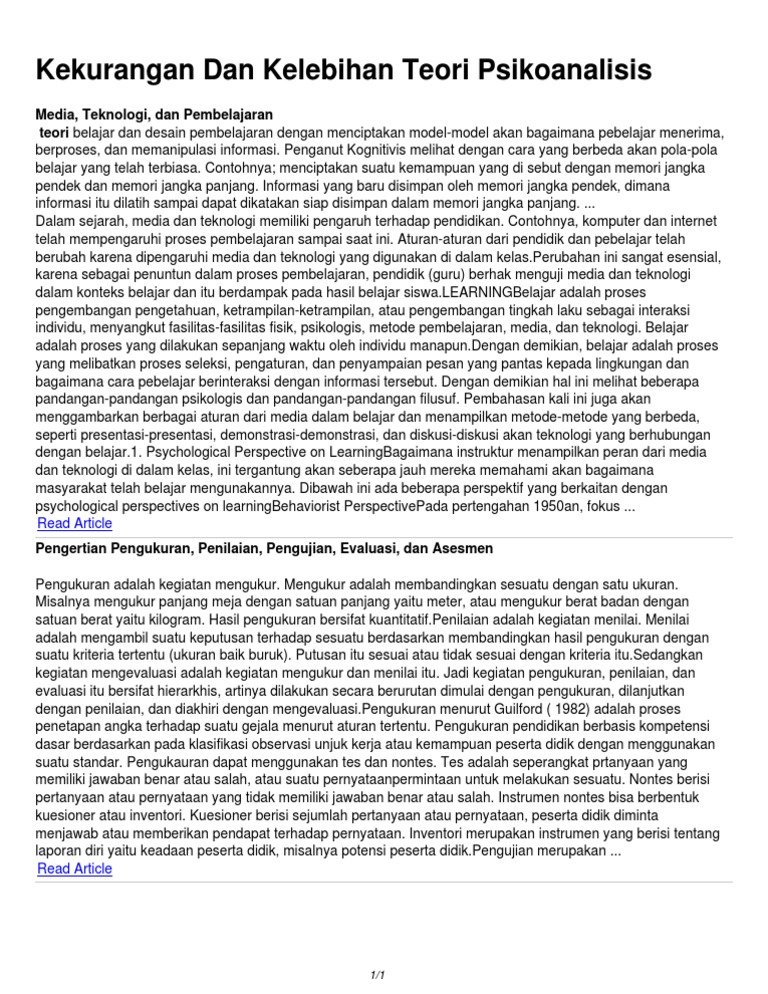 Kekurangan Dan Kelebihan Teori Psikoanalisis - 2 | PDF