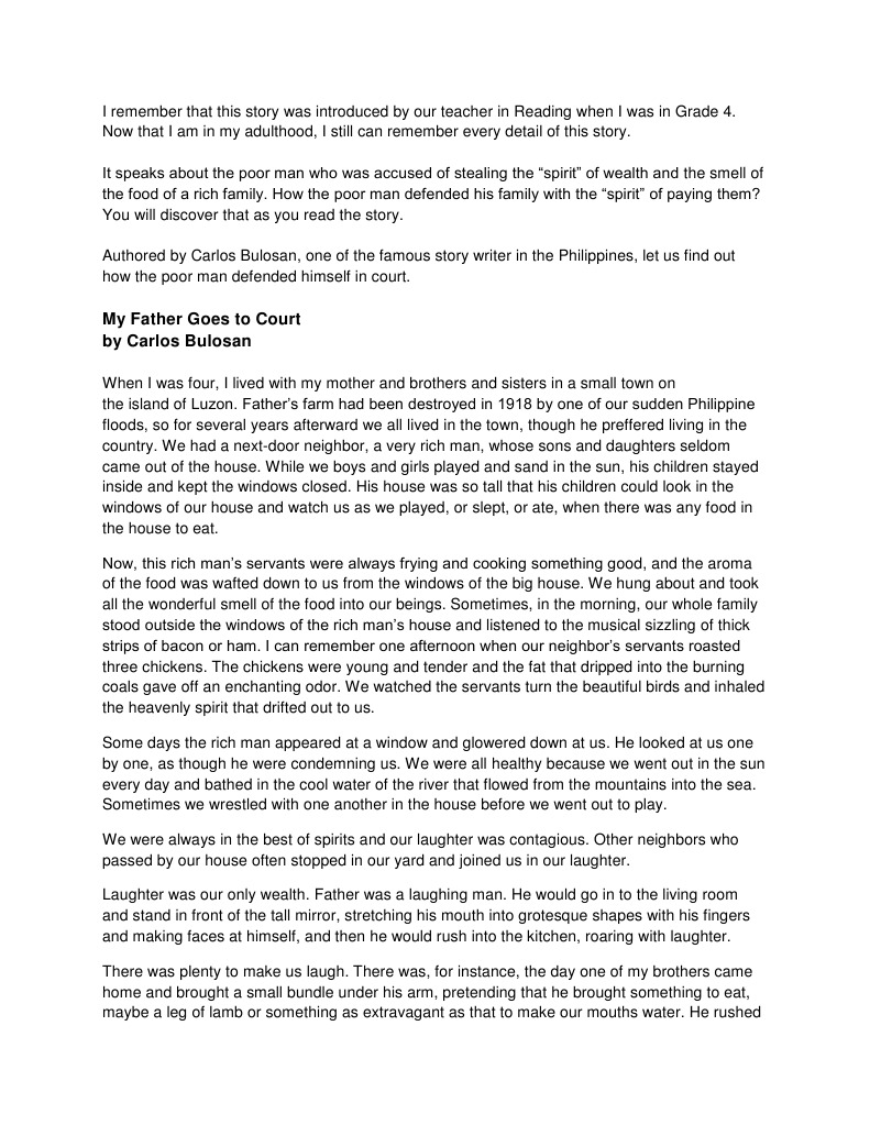 My Father Goes To Court by Carlos Bulosan | PDF | Laughter | Courtroom