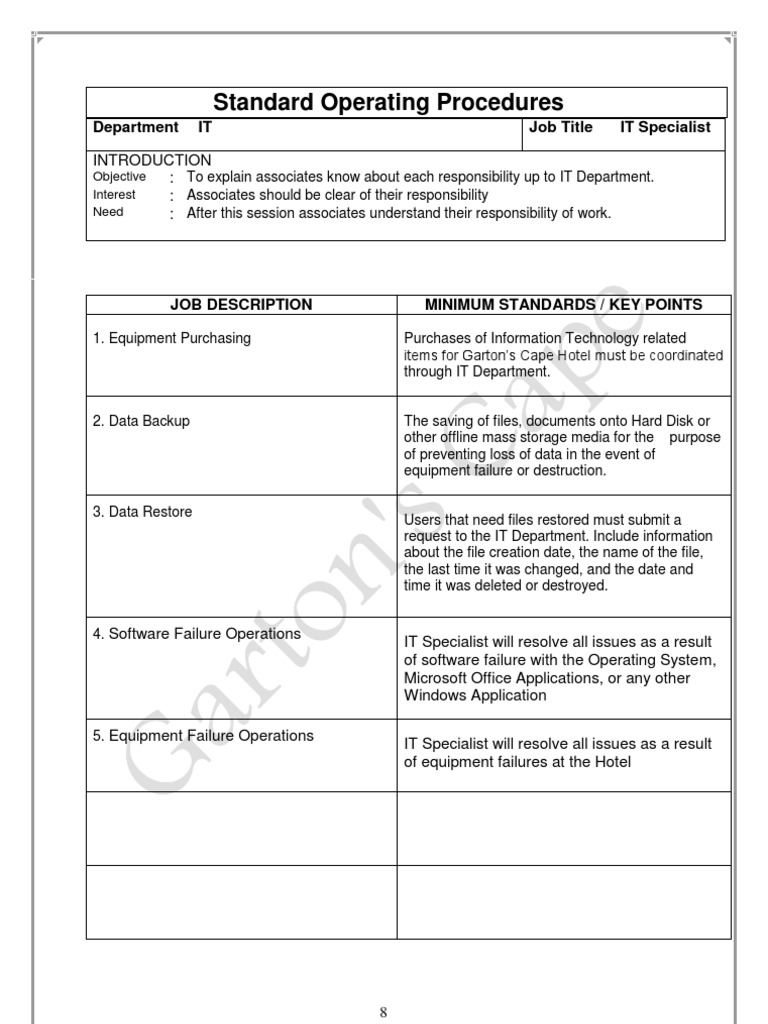 IT Specialist SOPs for Garton’s Hotel | PDF | Computers
