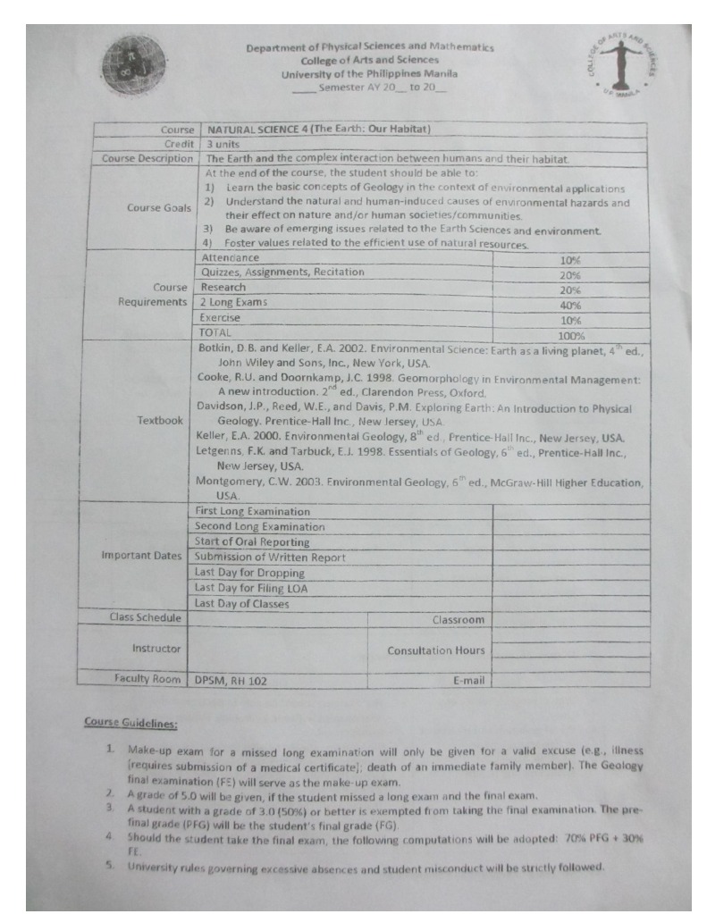 Nat Sci 4 Syllabus, UPM | PDF