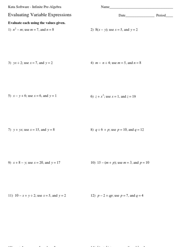 Evaluating Variable Expressions Pdf