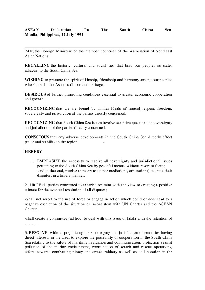 ASEAN Declaration On The South China Sea | PDF | Association Of ...