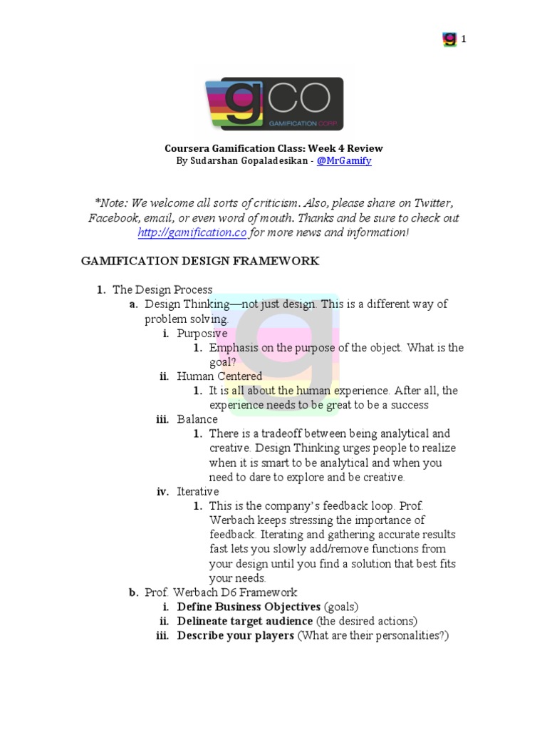 Coursera Gamification Class Review - Week 4 | PDF | Design Thinking ...