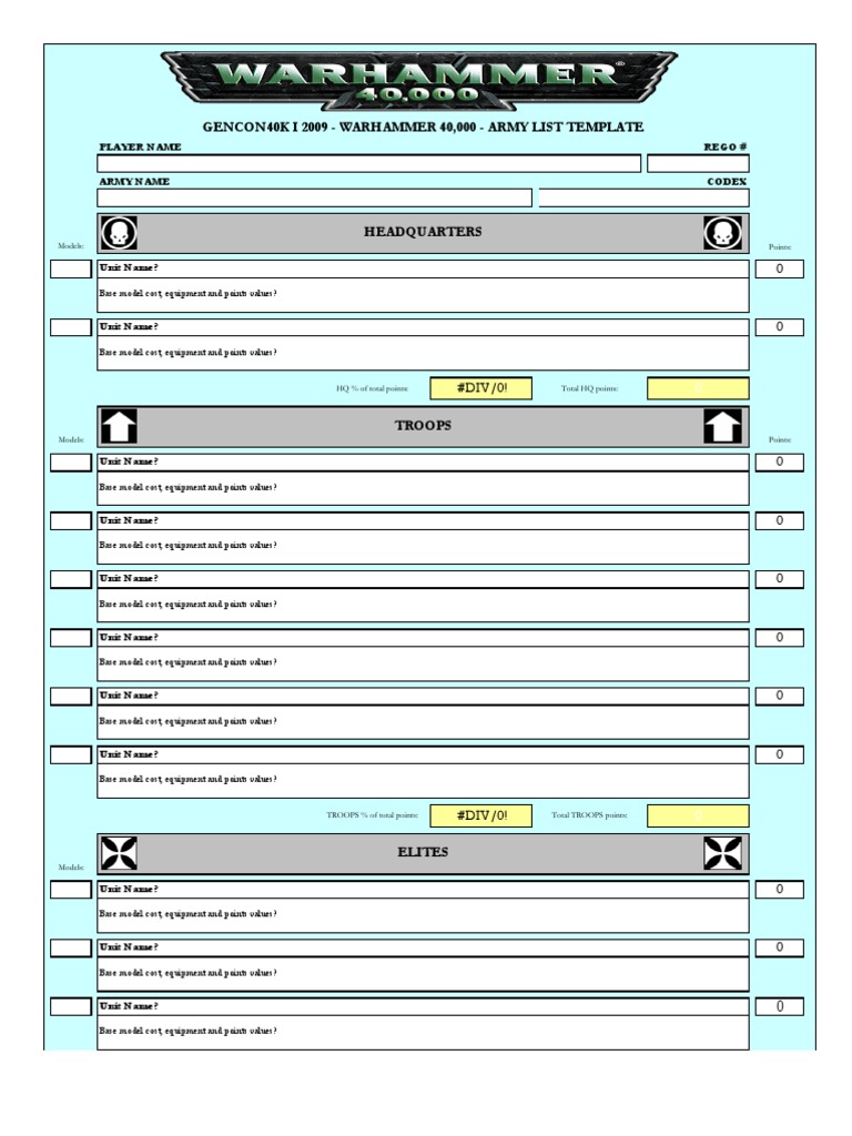 Draft Warhammer 40,000 Army List Template | PDF