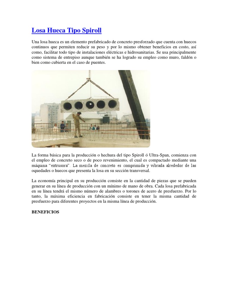 Losa Hueca Tipo Spiroll: Ventajas y Usos | PDF | Hormigón pretensado ...