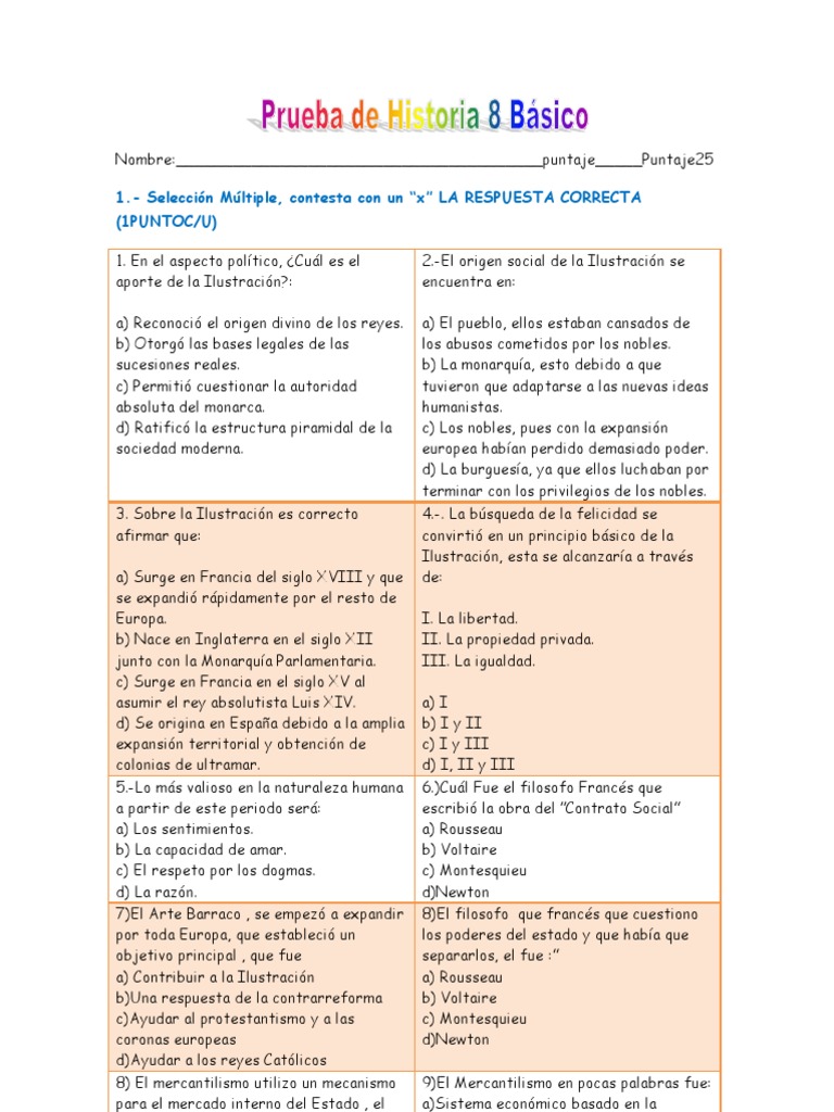 Prueba de Historia 8 Básico | PDF | Era de iluminacion | Teorías políticas