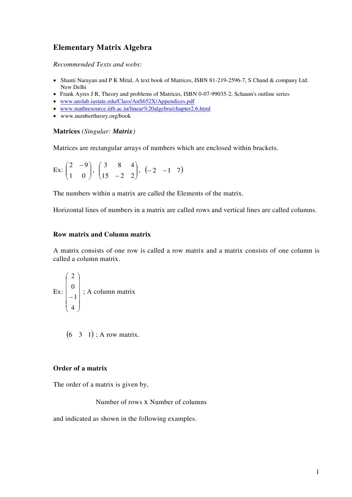 Elementary Matrix Algebra - Jayalal Wettasinghe | PDF | Matrix ...