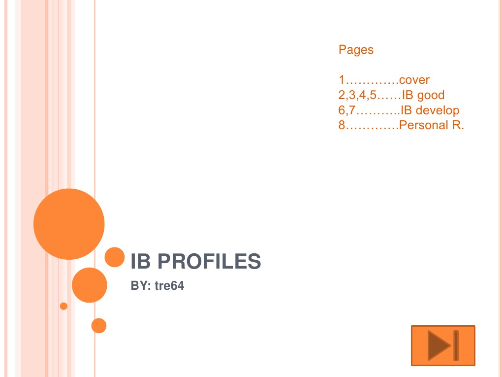 Ib Profiles: Pages 1 .Cover 2,3,4,5 IB Good 6,7 ..IB Develop 8 ...
