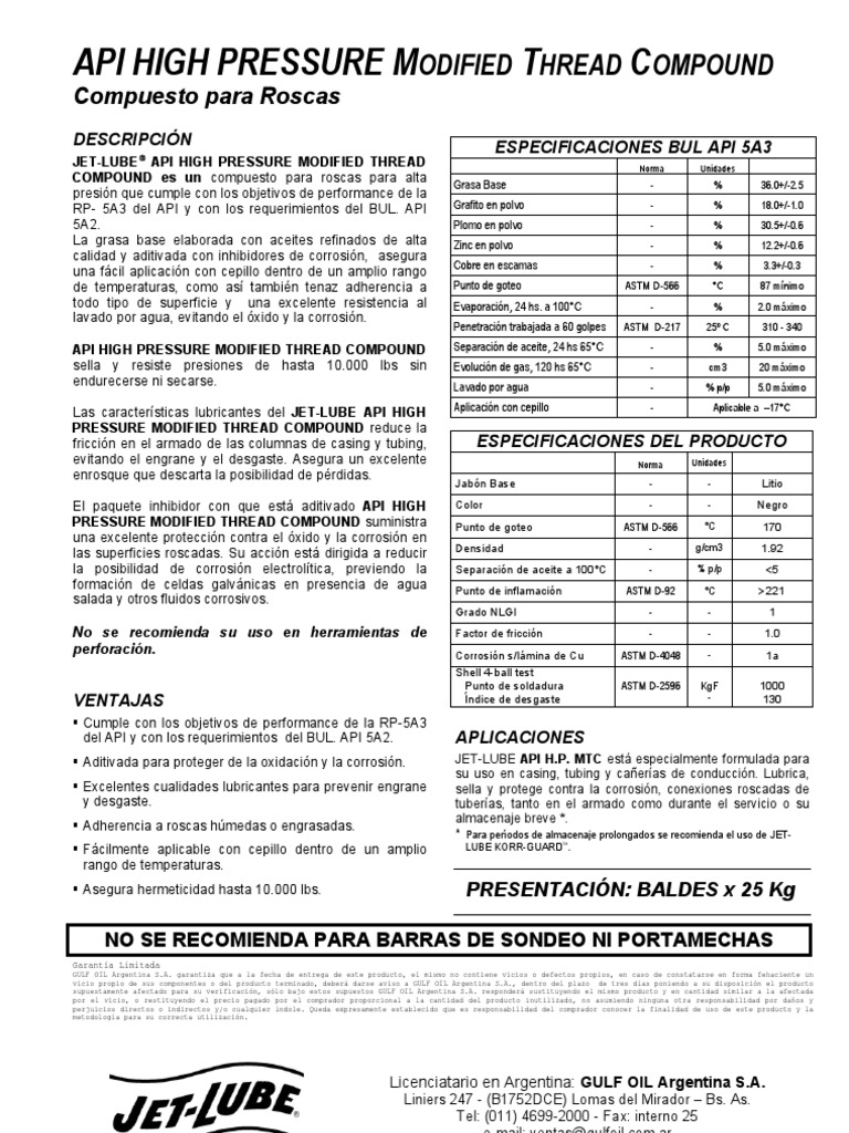 Compuesto para Roscas API 5A3 | PDF | Corrosión | Lubricante