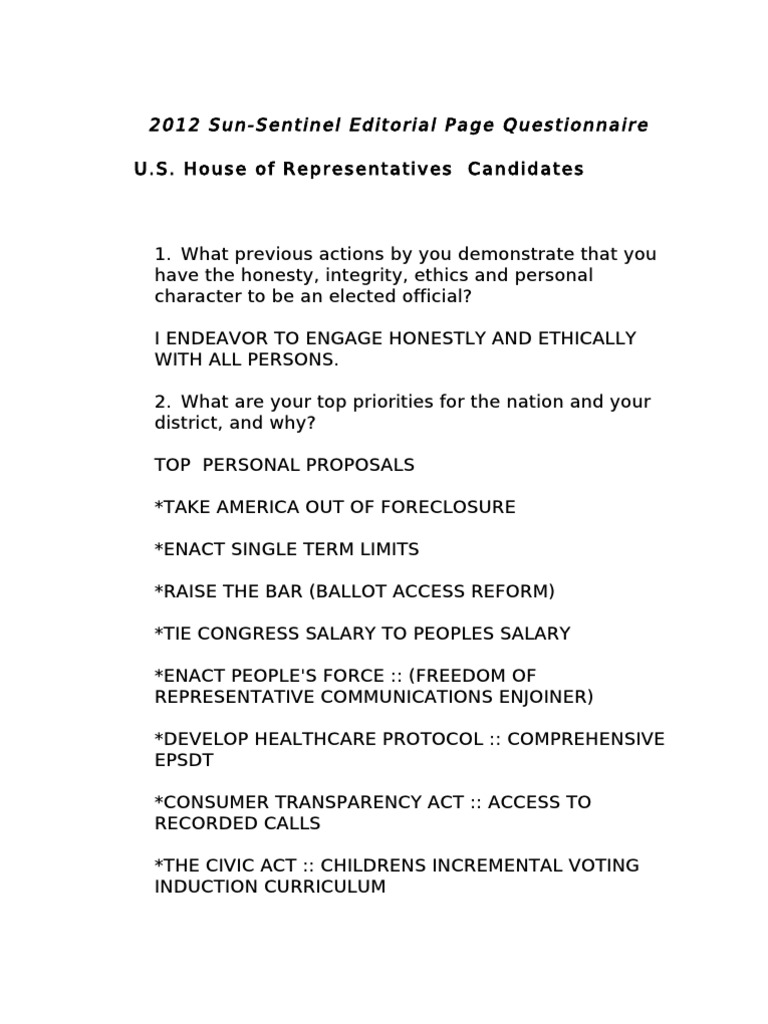 2012 U.S. House Candidate Questionnaire - Sun Sentinel Editorial Board ...
