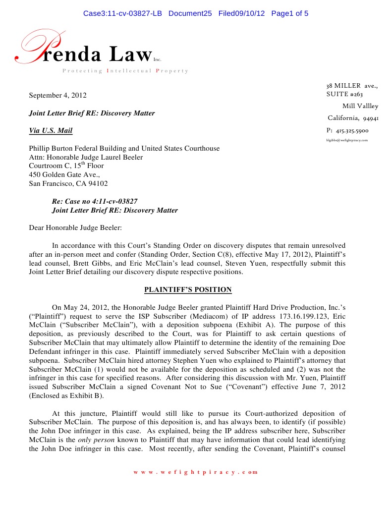 Joint Letter Brief RE: Discovery Matter, Hard Drive Productions, Inc. v ...