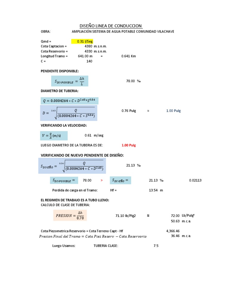 CALCULO LINEA DE CONDUCCIÓN UN SOLO TRAMO (Ok) | PDF CALCULO LINEA DE CONDUCCIÓN UN SOLO TRAMO (Ok) | PDF