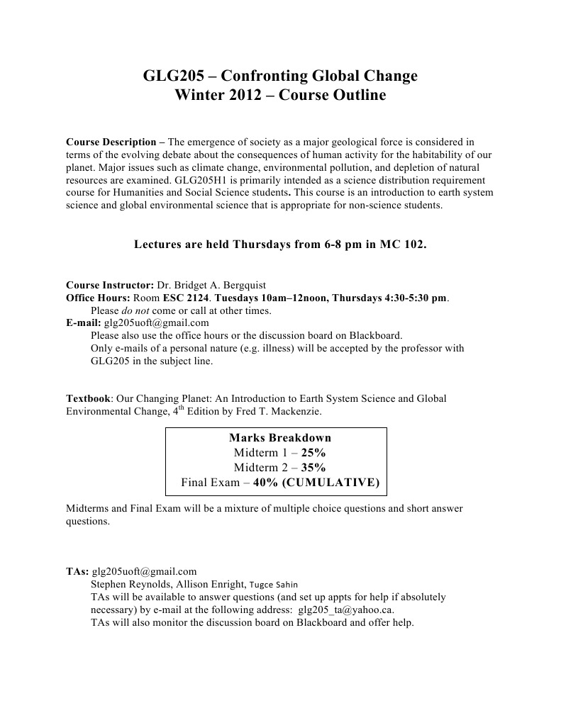 GLG205H1 Course Syllabus (UofT) | PDF | Science | Nature