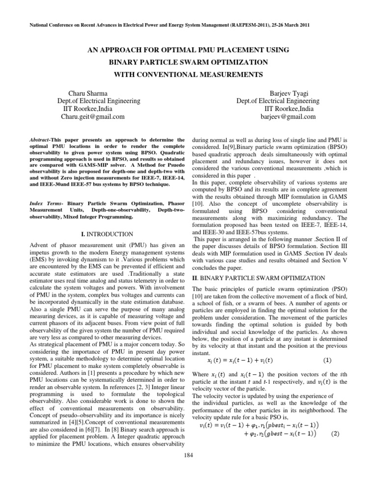 An Approach For Optimal Pmu Placement Using Binary Particle Swarm Optimization With Conventional ...