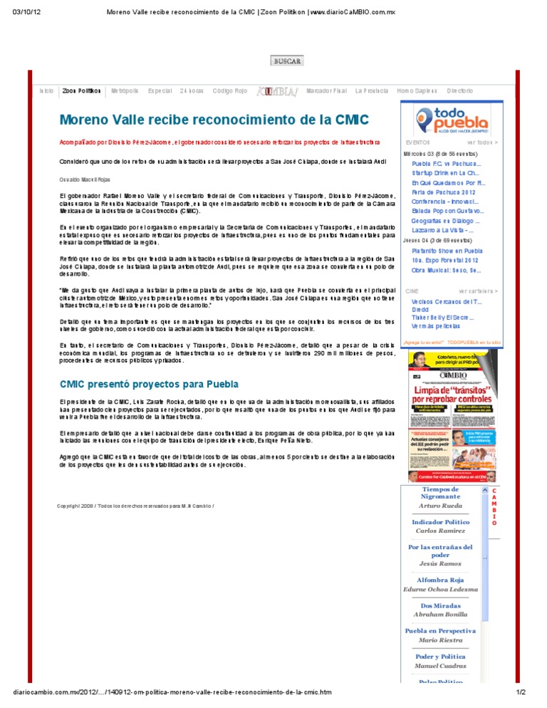 14-09-2012 DiarioCaMBIO - Moreno Valle Recibe Reconocimiento de La CMIC | PDF | México | Gobierno