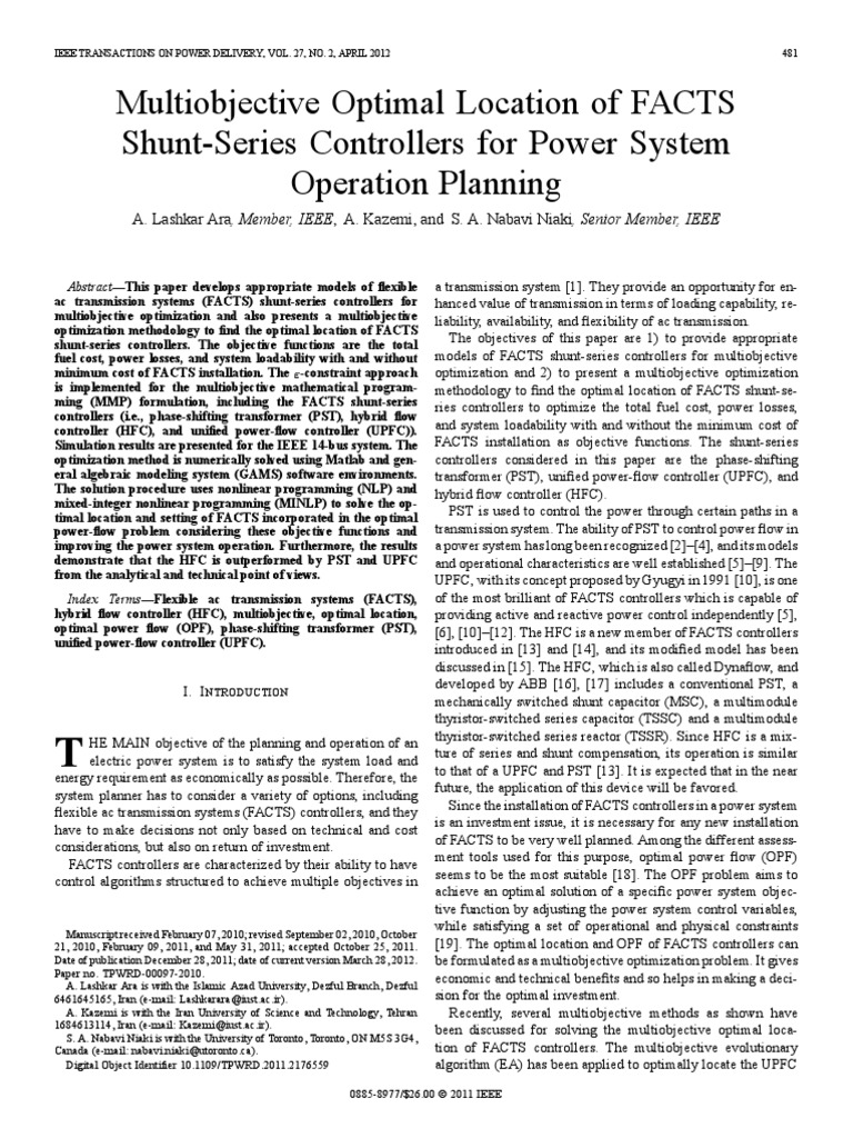Multiobjective Optimal Location of FACTS Shunt-Series Controllers For ...