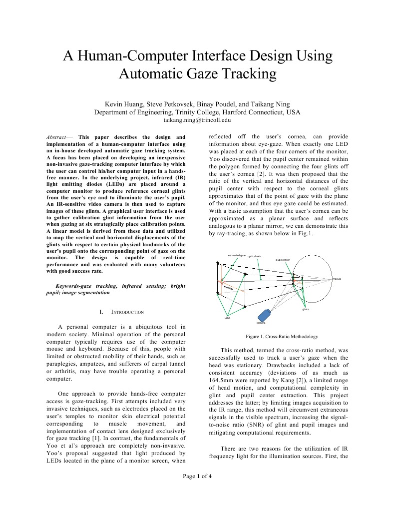 A Human Computer Interface Design Using Automatic Gaze Tracking Pdf Infrared Lighting