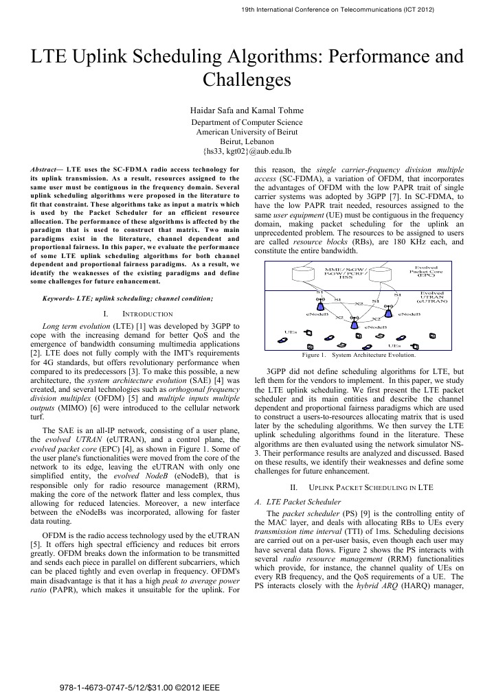 LTE Uplink Scheduling Algorithms Performance and | PDF | Orthogonal Frequency Division ...