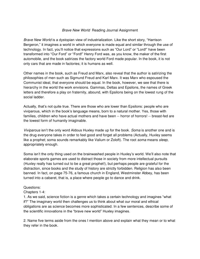 Brave New World Reading Journal Guide | PDF