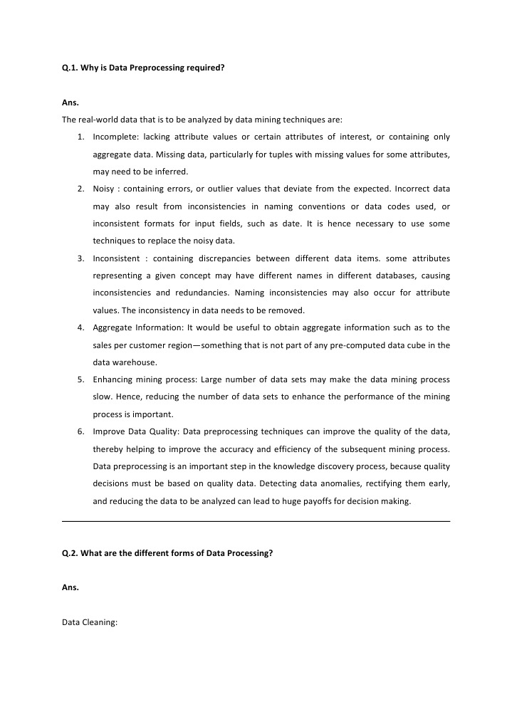Q.1. Why Is Data Preprocessing Required? | PDF | Principal Component Analysis | Regression Analysis