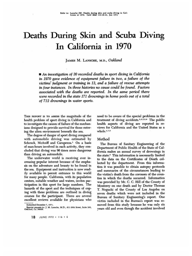 Deaths During Skin and Scuba Diving in California in 1970 | PDF | Scuba ...