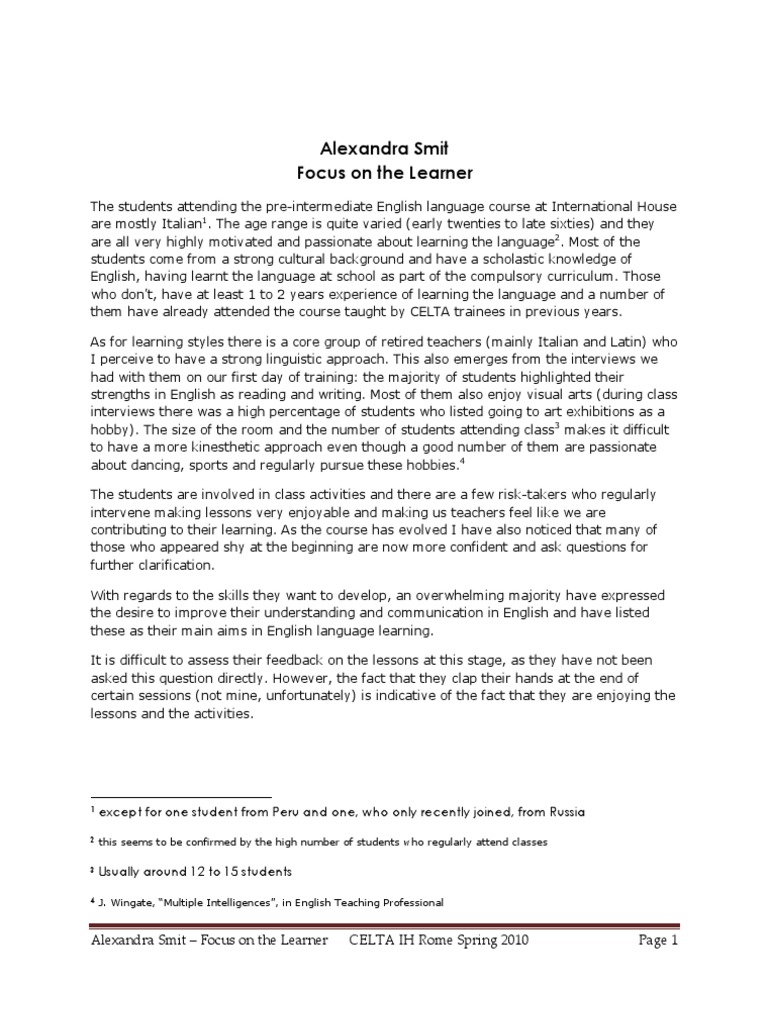 Celta assignment help - Celta Assignment focus on the Learner Example