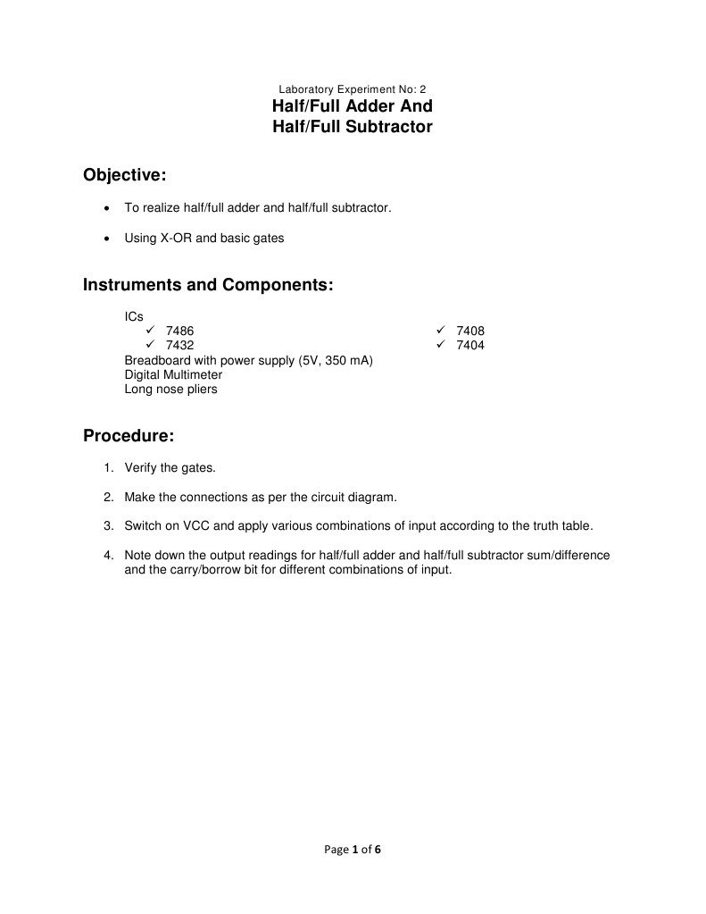 Half/Full Adder AndHalf/Full Subtractor | PDF | Subtraction ...