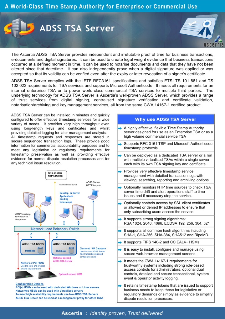 ADSS TSA Server Datasheet | PDF | Public Key Certificate | Server (Computing)
