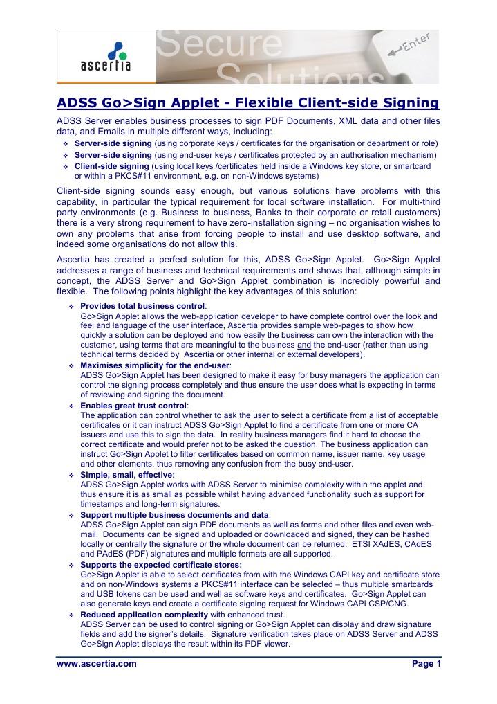 ADSS Go Sign Applet Flexible Client Side Signing | PDF | Public Key ...