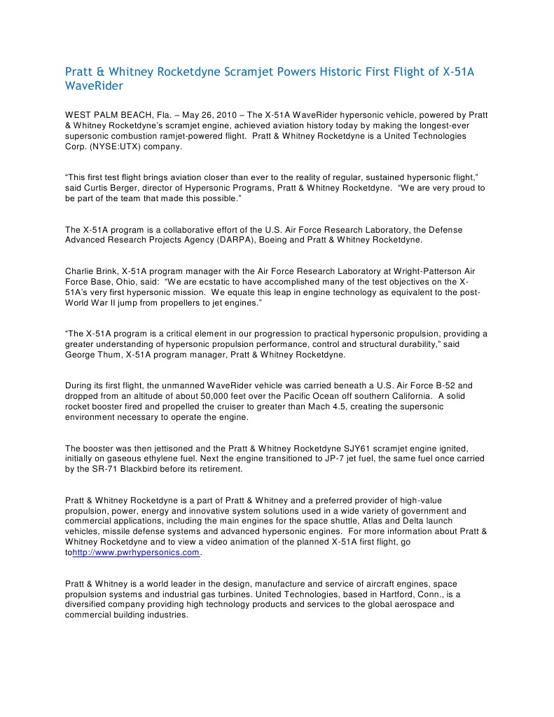 Pratt & Whitney Rocketdyne Scramjet Powers Historic First Flight of X ...