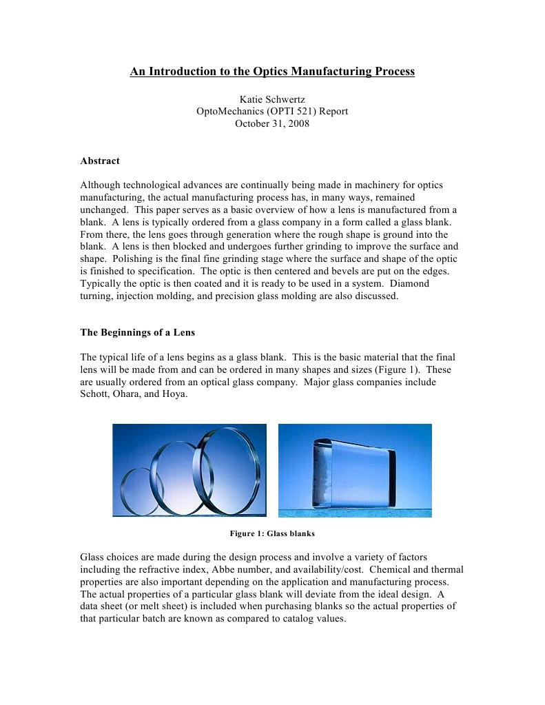 Katie - Introduction To The Optics Manufacturing Process | PDF | Lens ...