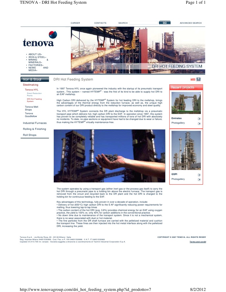 Tenova DRI Hot Feeding System | PDF | Steelmaking | Steel