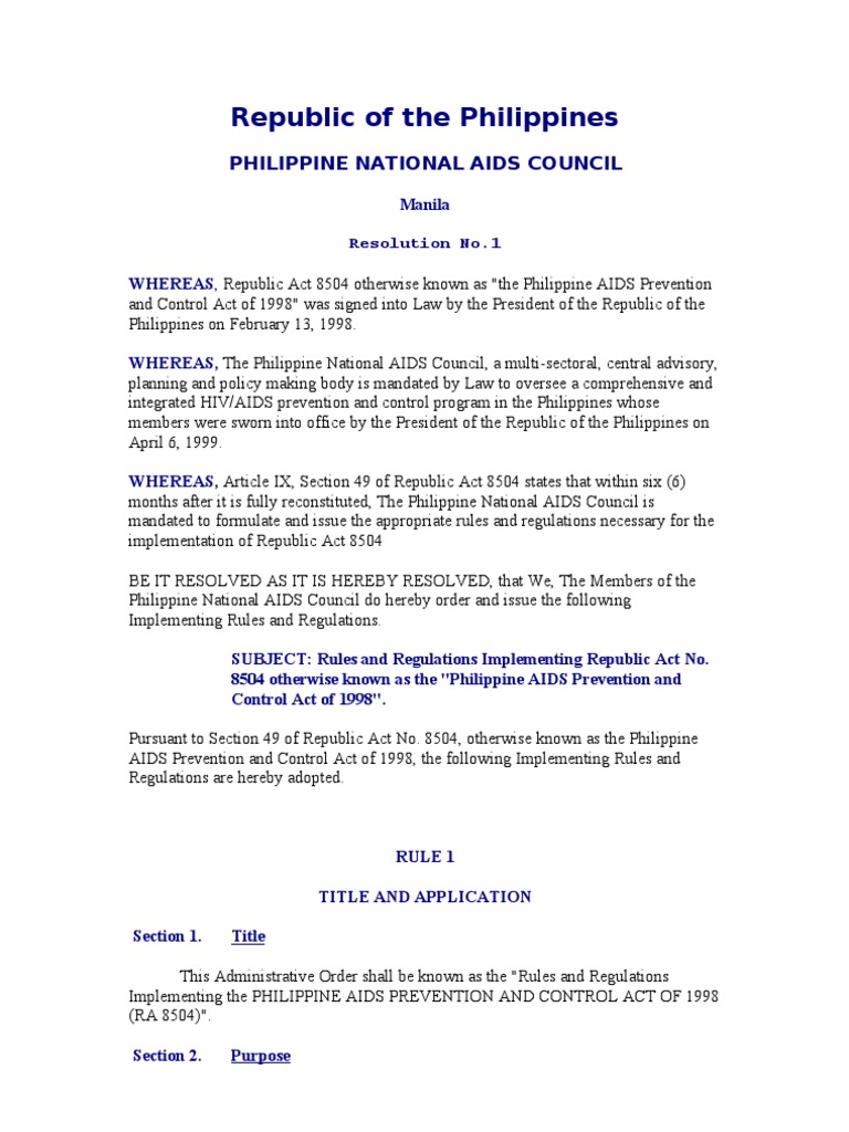 Irr Ra 8504 | PDF | Diagnosis Of Hiv/Aids | Hiv/Aids