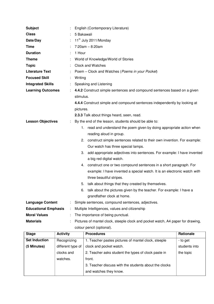 Lesson Plan Clock and Watches (Lit) | PDF | Clock | Watch