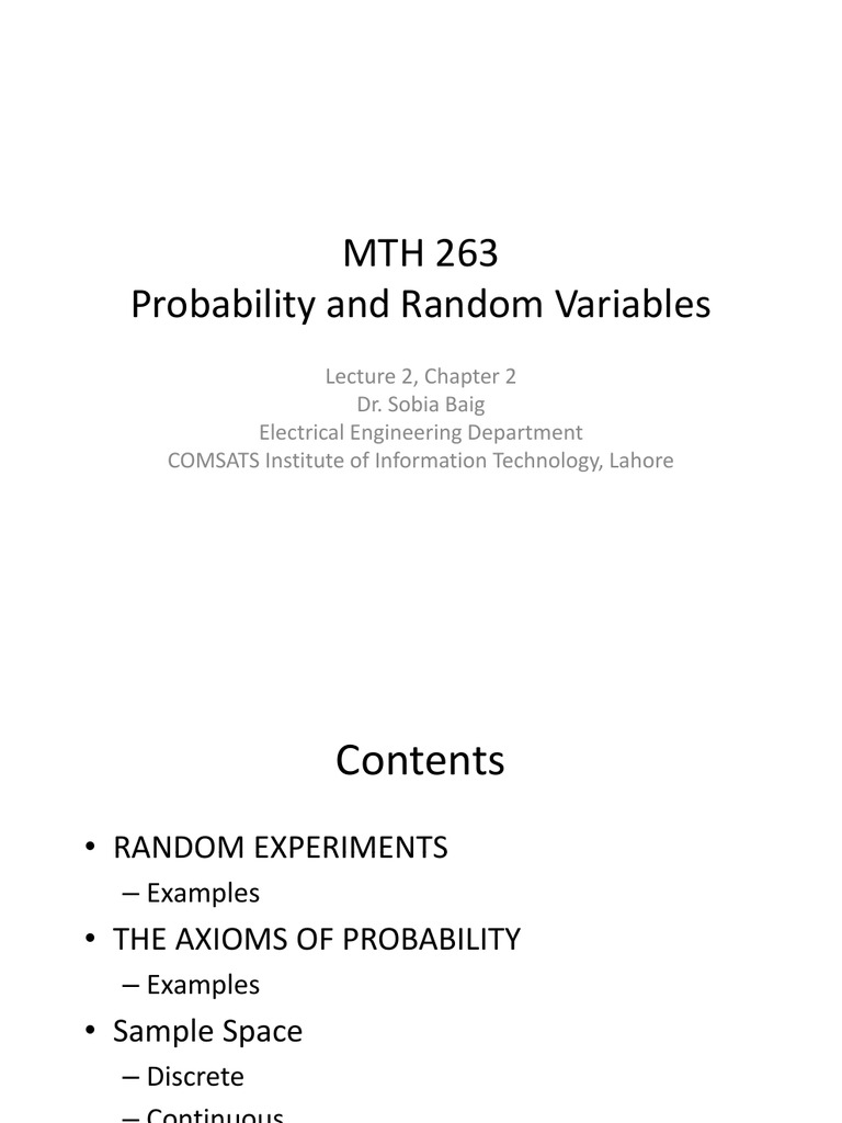 MTH 263 Probability and Random Variables | PDF | Probability Theory | Random Variable