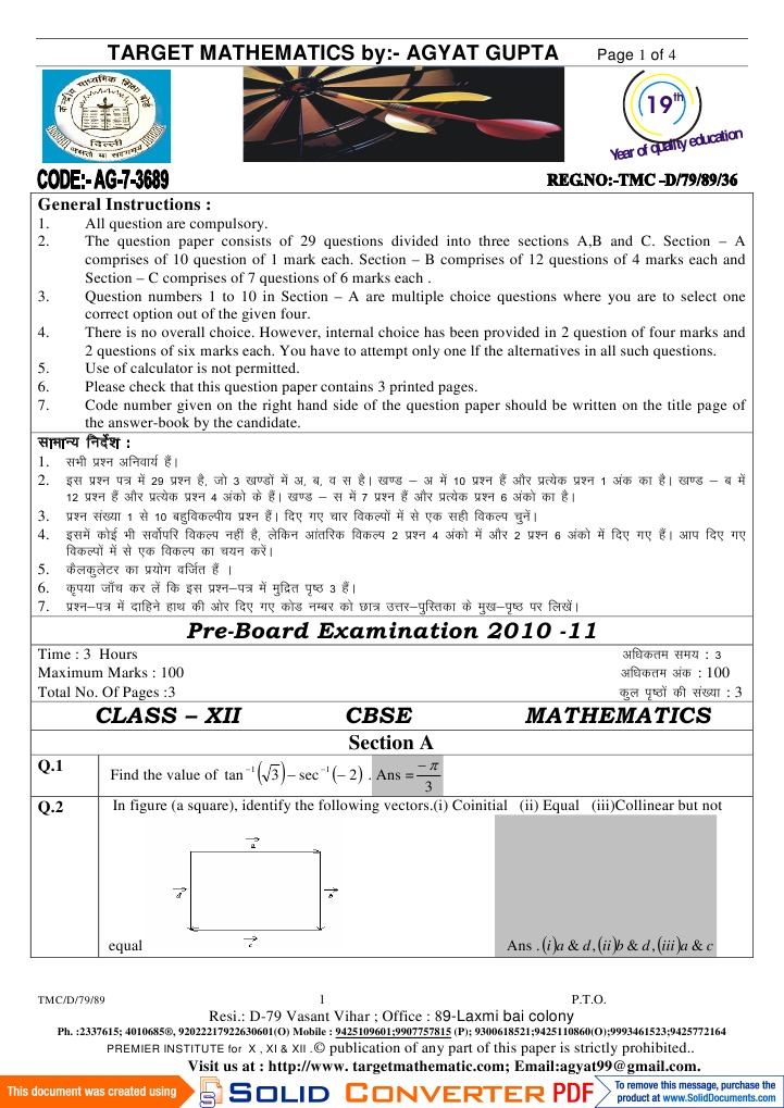 Target Mathematics By:-Agyat Gupta: Pre-Board Examination 2010 - 11 ...