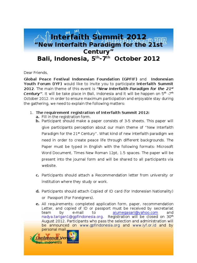 Invitation Letter Interfaith Summit 2012 | PDF | Interfaith Dialogue ...