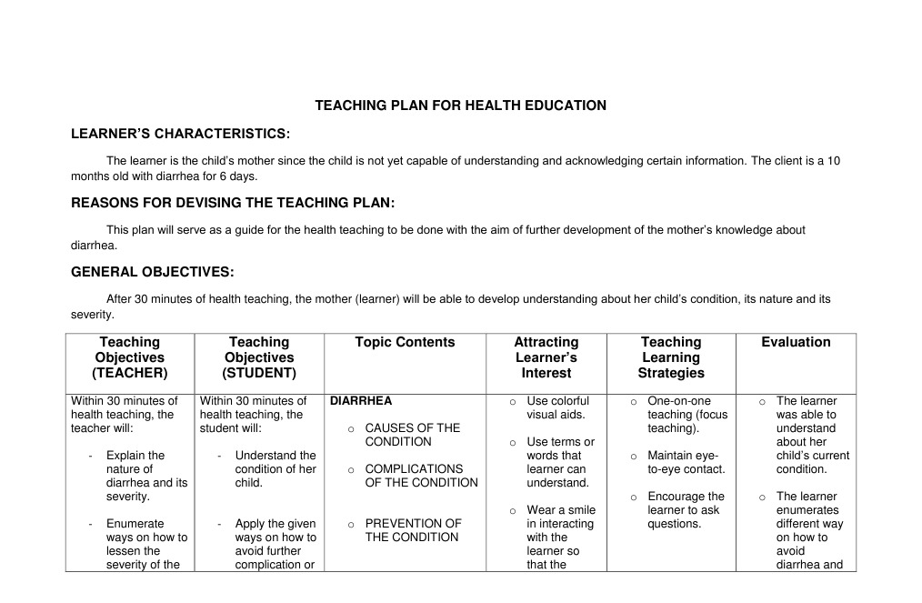 Teaching Plan - Diarrhea | PDF