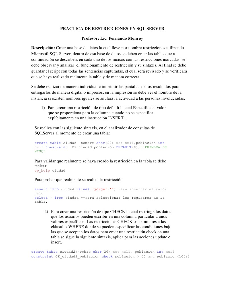 Practica de Restricciones en SQL Server | PDF | Servidor SQL de ...