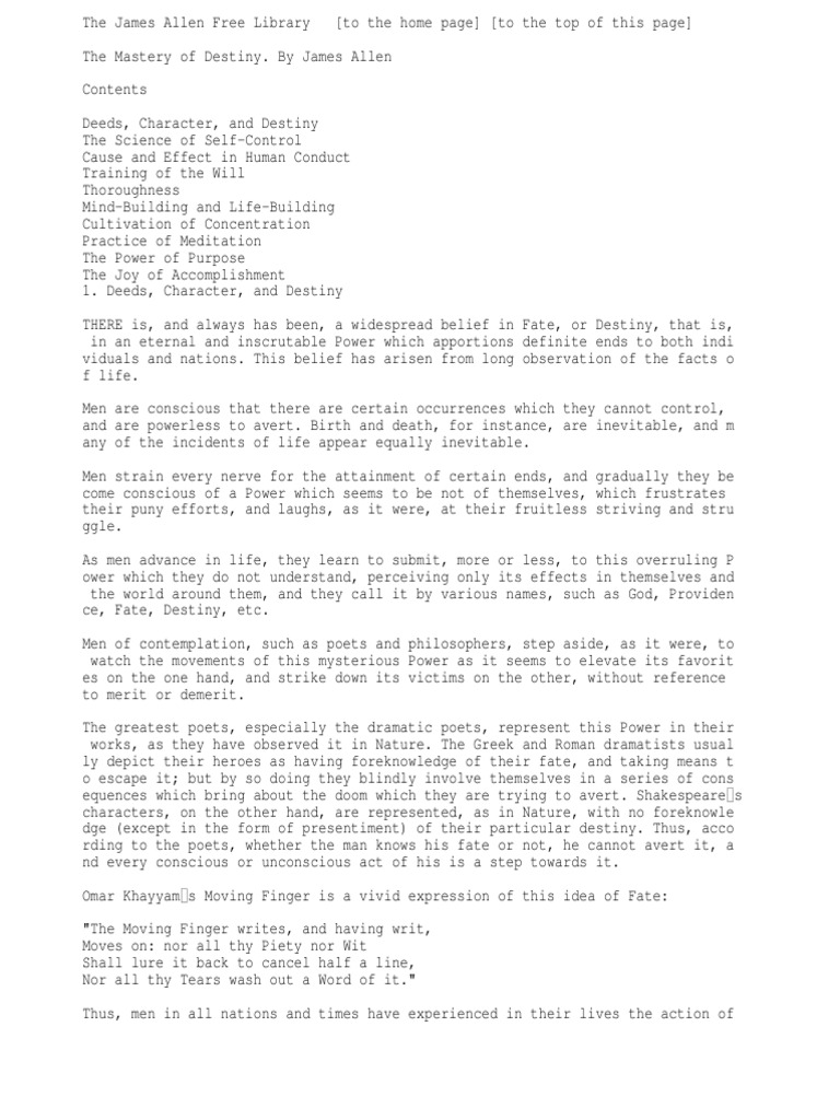 The Mastery of Destiny. by James Allen | PDF | Free Will | Science