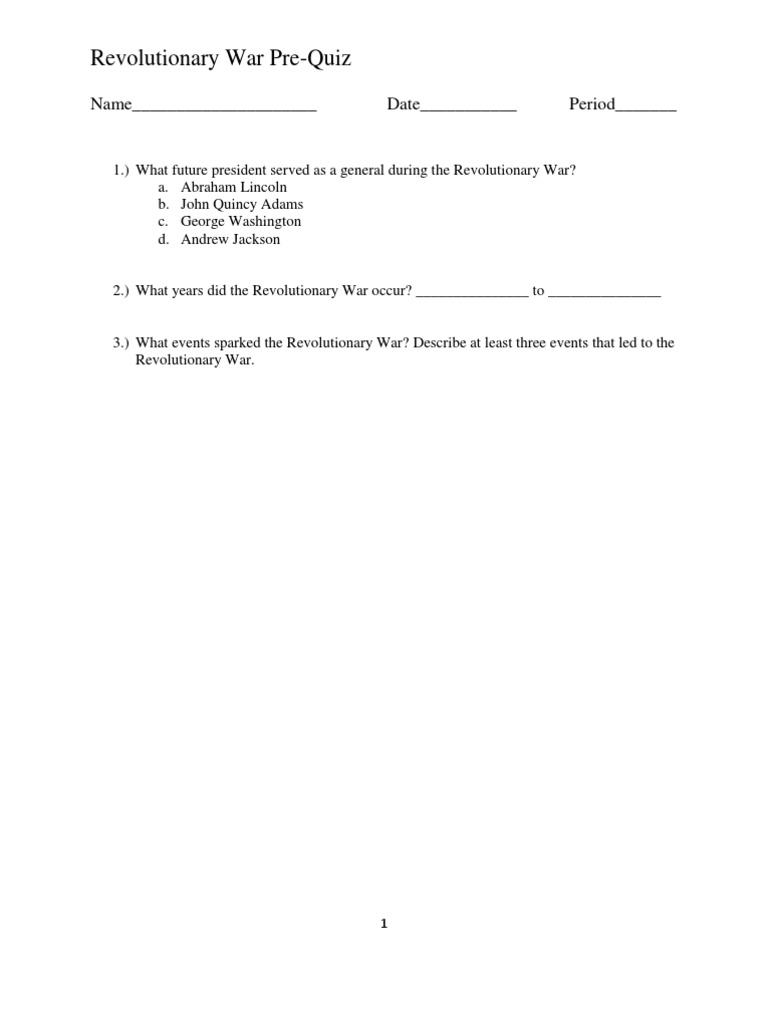 Revolutionary War Pre-Quiz: Name - Date - Period | PDF | Travel | History