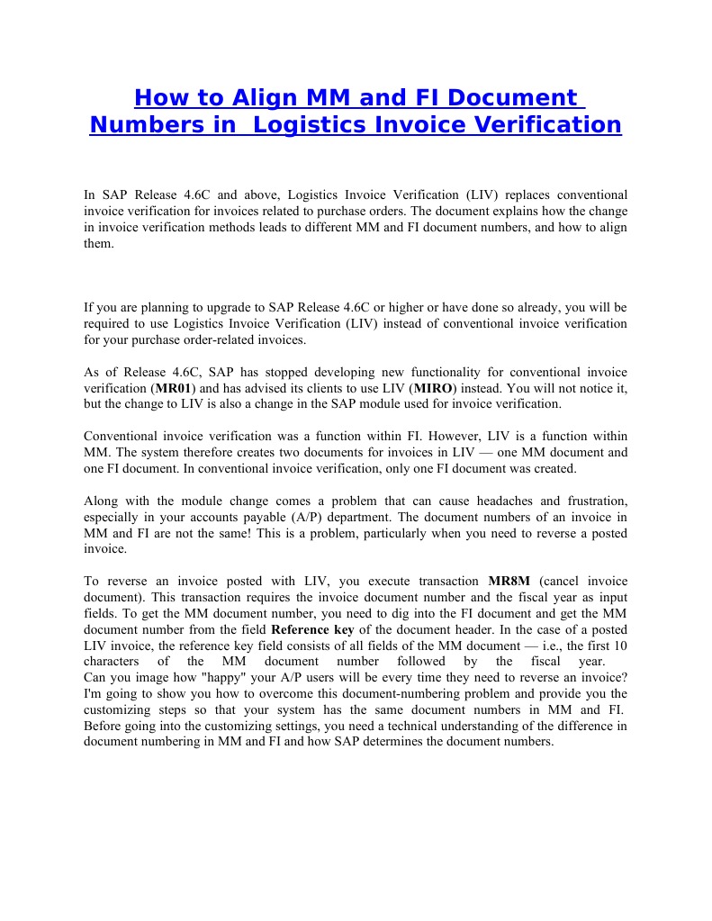 How To Align MM and FI Document Numbers in Logistics Invoice ...