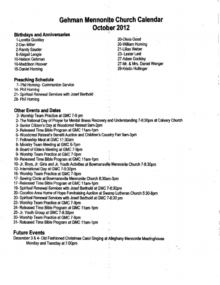 Gehman Mennonite Church October 2012 Calendar | PDF