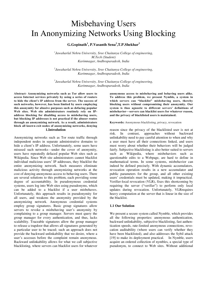 Misbehaving Users in Anonymizing Networks Using Blocking: G.Gopinath, P ... Misbehaving Users in Anonymizing Networks Using Blocking: G.Gopinath, P ...